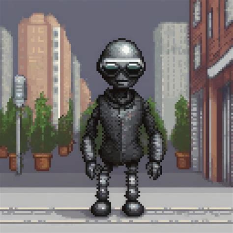 Pixel Art Robot In Urban Setting Premium AI Generated Image