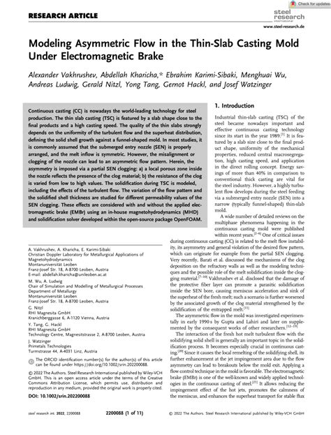 Pdf Modeling Asymmetric Flow In The Thin Slab Casting Mold Under Electromagnetic Brake