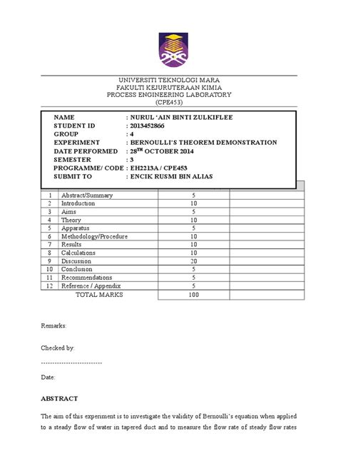 Lab Bernoullis Theorem Demonstration Pdf Fluid Dynamics
