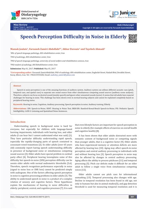 Pdf Speech Perception Difficulty In Noise In Elderly