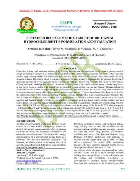 Pdf Sustained Release Matrix Tablet Of Diltiazem Hydrochloride Its