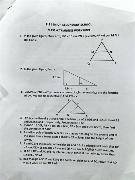 Class 10c Mathematics Descriptive Worksheet Question Triangles