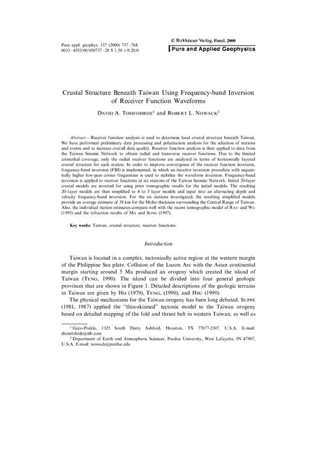 Crustal Structure Beneath Taiwan Using Frequency Band Inversion Of