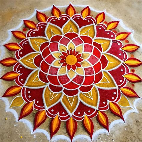 Elegant Lotus Rangoli With Circular Patterns In Red Yellow And White