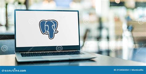 laptop computer displaying logo of postgresql editorial stock image image of online service