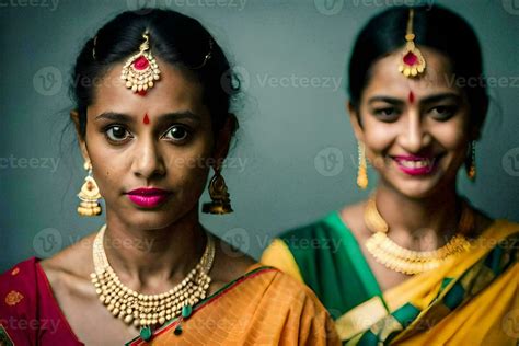 Two Women In Traditional Saris Posing For The Camera AI Generated Stock Photo At Vecteezy