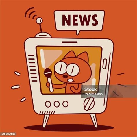 고양이 기자가 마이크를 통해 Tv 화면을 통해 뉴스를 보도합니다 Tv 인물에 대한 스톡 벡터 아트 및 기타 이미지 Tv 인물