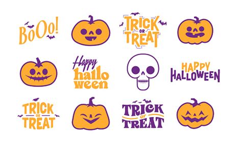 할로윈 아이콘 세트 벡터 일러스트레이션 새겨진 호박 두개골 및 박쥐 짜증나는 디자인을 트릭하거나 치료하십시오 10월에 대한 스톡 벡터 아트 및 기타 이미지 Istock