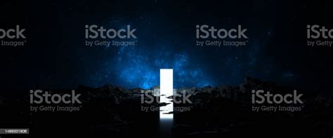 빛나는 우주 포털은 물에 반사됩니다 돌 사이의 다른 세계와 은하계로 가는 문 별과 성운으로 미래로 여행하세요 3d 렌더링 초현대적에 대한 스톡 사진 및 기타 이미지 Istock