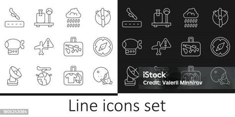 세트 라인 현대 파일럿 헬멧 나침반 구름 비 경고 항공기 비행선 비행기 착륙 여행 가방 및 스케일 가방 아이콘 벡터 가방에 대한 스톡 벡터 아트 및 기타 이미지 Istock