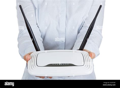 Wireless Modem Router Hardware In Woman Hands On A White Background Stock Photo Alamy