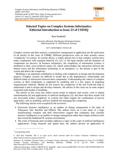 Pdf Selected Topics On Complex Systems Informatics Editorial Introduction To Issue 23 Of Csimq