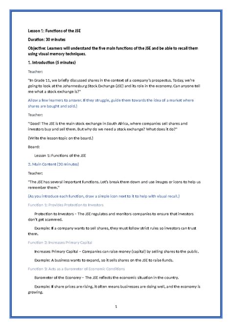Lesson 1 Key Functions Of The Jse Explained Studocu