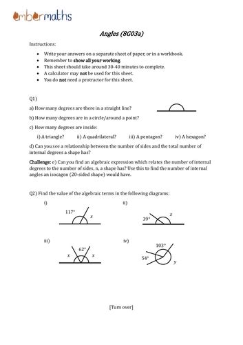 Year 8 Maths Worksheet Angles Answers Included Teaching Resources