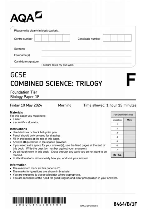 2024 Aqa Gcse Combined Science Trilogy Biology Paper 1 And 2 Question