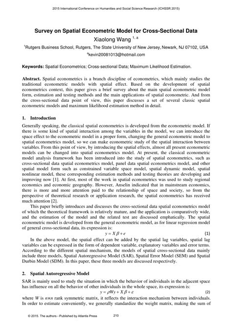 Pdf Survey On Spatial Econometric Model For Cross Sectional Data