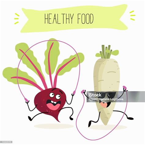 비트 뿌리와 무 줄넘기 건강 식품 주방 재료 아이 티셔츠 디자인의 재미있는 만화 캐릭터의 벡터 그림 줄넘기 밧줄에 대한 스톡