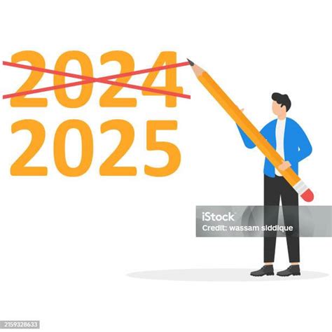 사업가는 2024년을 넘겼다 새로운 기회 2025년 새해 목표 2025년 새해에 대한 기대 예측 및 희망 사업 계획서를 작성하기 위해 펜을 들고 있는 사업가 플랫 벡터 12