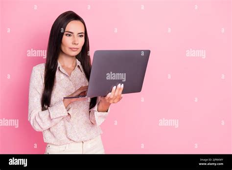 Portrait Photo Of Young Attractive Serious Minded Lady Coding Laptop