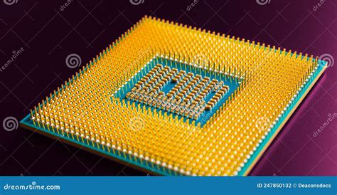 Computer Hardware Processor Lies On Dark Purple Glass Surface Closeup CPU And Semiconductor