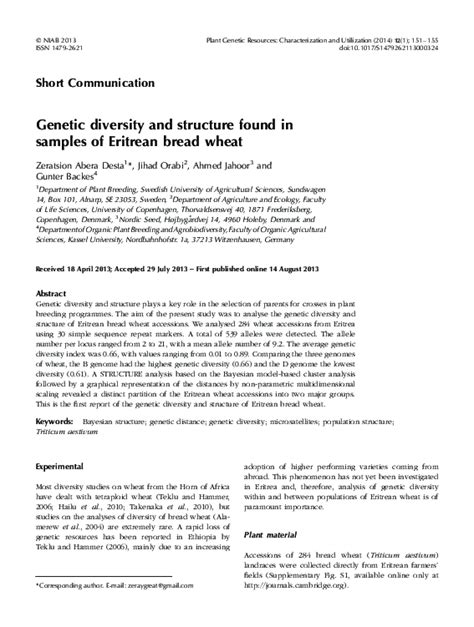 Pdf Genetic Diversity And Structure Found In Samples Of Eritrean Bread Wheat Pdf Genetic Diversity And Structure Found In Samples Of Eritrean Bread Wheat