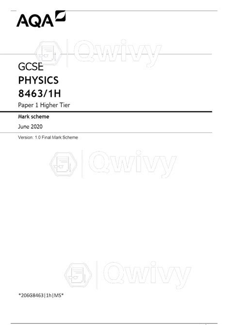 Aqa Gcse Physics 8463 1h Paper 1 Higher Tier Mark Scheme June 2020 Version 1 0 Final Mark