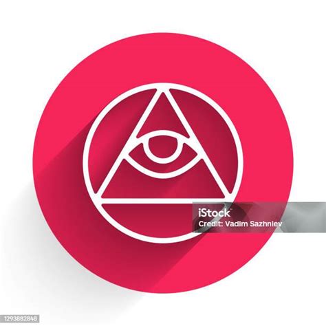 화이트 메이슨은 긴 그림자로 고립 된 하나님 아이콘의 모든 눈을 상징한다 삼각형에 프로비던스의 눈 빨간색 원 버튼입니다 벡터 Freemasons에 대한 스톡 벡터 아트 및