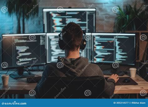 A Person Wearing Headphones Sits In Front Of Computer Monitors Engrossed In Their Work A