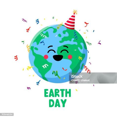 지구의 날 축제 모자를 쓴 행복한 미소 행성 지구 형형색색의 색종이 조각이 폭발합니다 엽서 배너 또는 포스터의 디자인 요소 4월에 대한 스톡 벡터 아트 및 기타 이미지