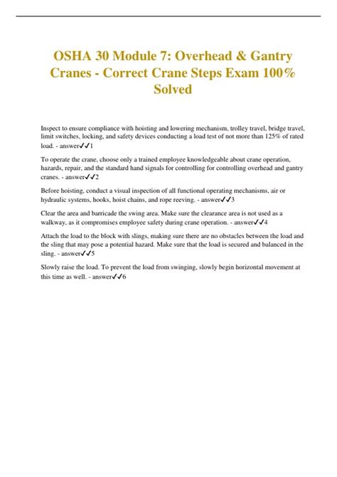 Osha 30 Module 7 Overhead And Gantry Cranes Correct Crane Steps Exam