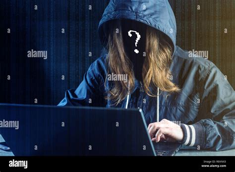Anonymous Girl Hacker Programmer Uses A Laptop To Hack The System Stealing Personal Data