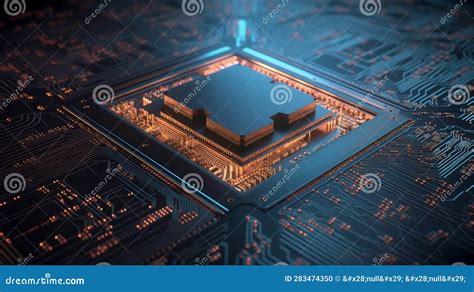 Micro Cpu On Circuit Board With Red Lighting 3d Generative Ai Stock Illustration Illustration