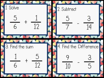 Adding And Subtracting Fractions Differentiated Task Cards TPT