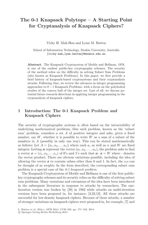 PDF The Knapsack Polytope A Starting Point For Cryptanalysis Of Knapsack Ciphers