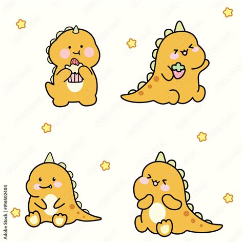 Chibi Kawai Little Cute Dino Dinosaurs Set Stock Vector Adobe Stock