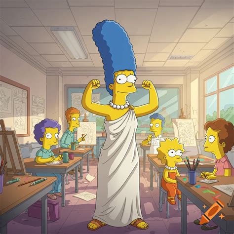 Marge Simpson In A Toga Flexes Her Arms In A Cartoon Art Class With