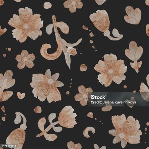 검은 배경에 액체 커피 꽃 장식 엽서 포장 포장 스크랩북 벽지 디자인 장식을 위한 원활한 패턴 래스터 그림입니다 0명에 대한 스톡 벡터 아트 및 기타 이미지 Istock