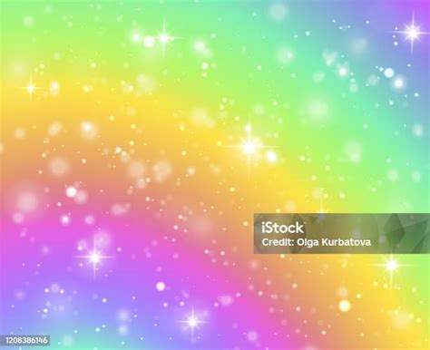 무지개 배경입니다 판타지 유니콘 은하 파스텔 하늘과 보케의 요정 별 반짝이 효과 벡터 개념무지개 색 홀로그램 질감 개념에 대한 스톡 벡터 아트 및 기타 이미지 Istock