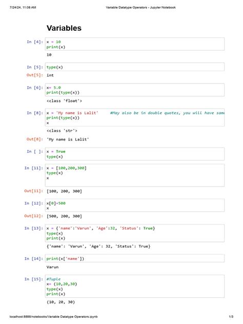 Variable Datatype Operators Jupyter Notebook Pdf