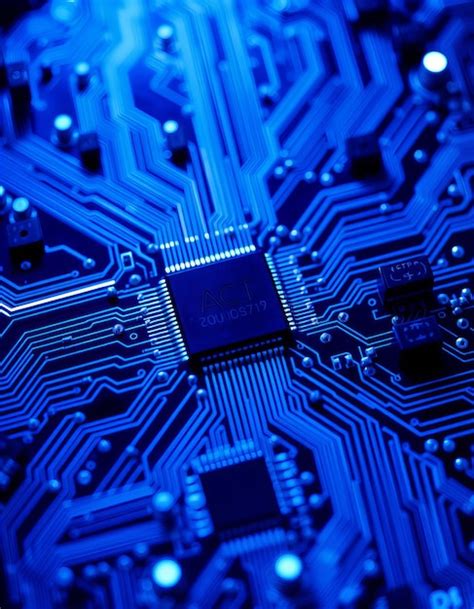 Blue Circuit Board With Microchips And Connections Glowing In The Dark Highlighting Advanced