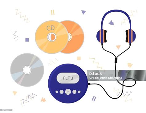 Cd 플레이어와 컴팩트 디스크가 격리되었습니다 90 년대 음악 장비의 벡터 세트 흰색 배경에 Cd 장치 디스크 및 헤드폰 플랫