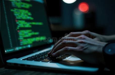 hands typing code on a laptop in a dimly lit environment at night stock