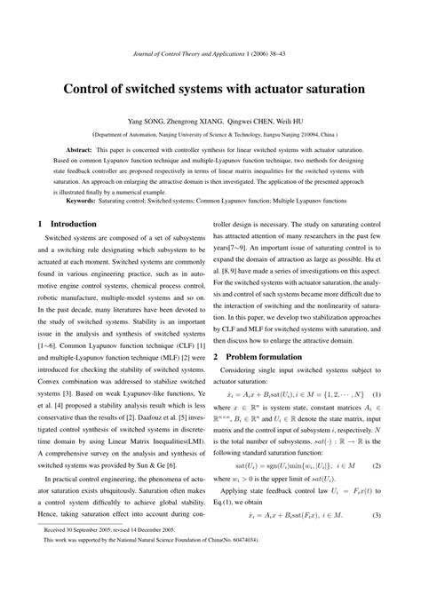 Pdf Control Of Switched Systems With Actuator Saturation