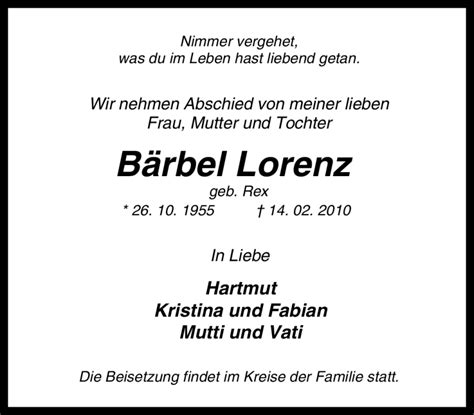 Traueranzeigen Von Bärbel Lorenz Trauer In Nrw De
