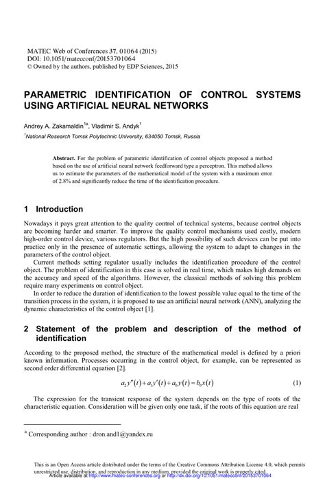 Pdf Parametric Identification Of Control Systems Using Artificial Neural Networks