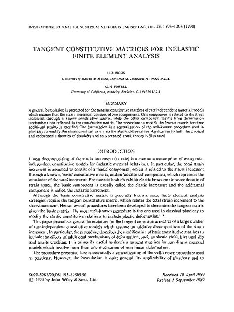 Pdf Tangent Constitutive Matrices For Inelastic Finite Element Analysis