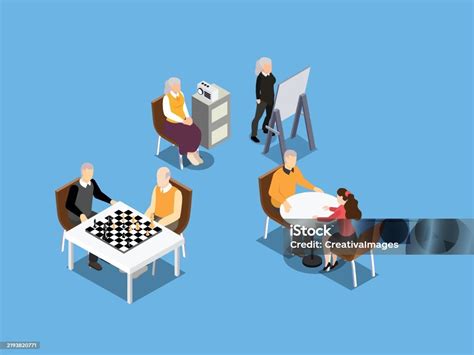 시니어 커뮤니티 참여 활동 체스 예술 및 세대 간 상호 작용 3d 아이소 메트릭 벡터 일러스트 레이 션 3차원 형태에 대한 스톡 벡터 아트 및 기타 이미지 Istock