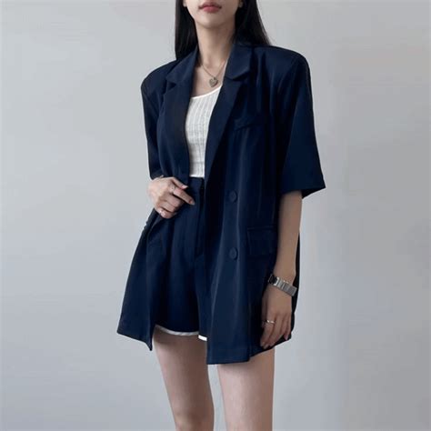 👍오버핏 패드 반팔 자켓 라인배색 스티치 반바지 투피스 Set 버닝자켓팬츠세트 에이블리