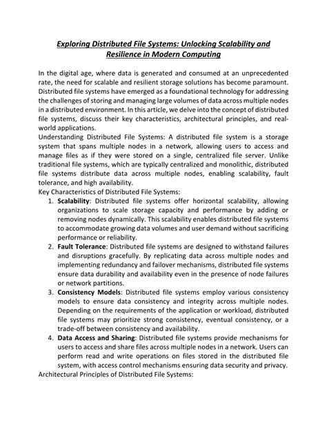 Pdf Exploring Distributed File Systems Unlocking Scalability And Resilience In Modern Computing