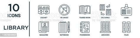라이브러리 개요 아이콘 세트에는 얇은 선 캐비닛 찢어진 책 카드 노트북 아카이브 파일 보고서 프리젠 테이션 다이어그램 웹